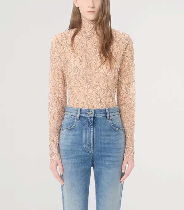Valentino Garavani Lace Floral Bodysuit With Ruffled Collar - Nude