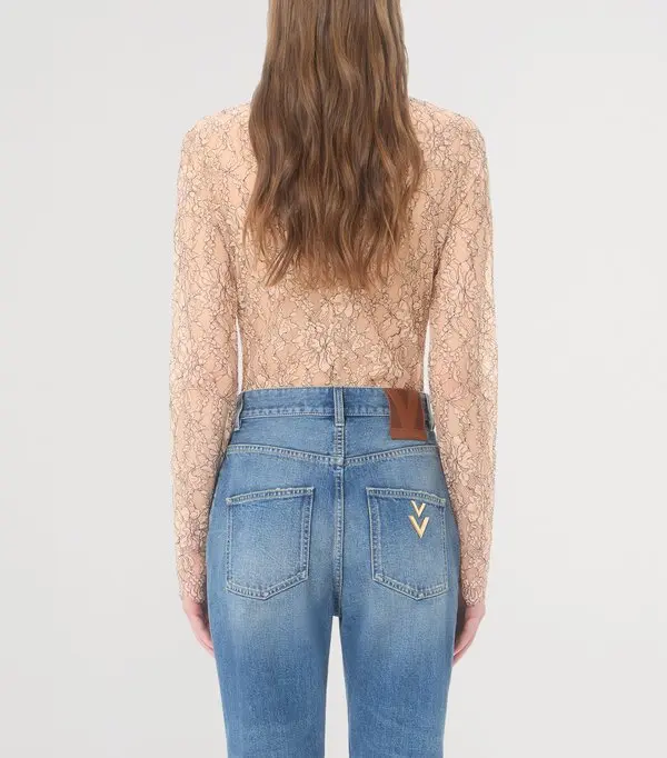 Valentino Garavani Lace Floral Bodysuit With Ruffled Collar - Nude