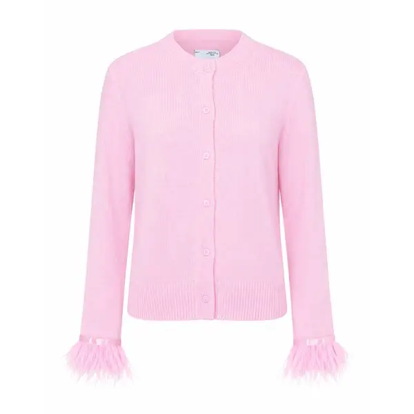 ATS THE LABEL Nemi Blush Feather Trim Knit Cardigan - Pink