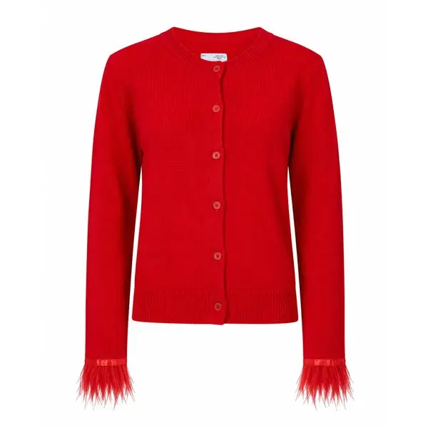 ATS THE LABEL Nemi Feather Trim Knit Cardigan - Red