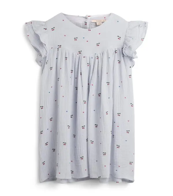 KONGES SLOJD Konges Sløjd Organic Cotton Cherry Print Frill Sleeve Dress - Blue