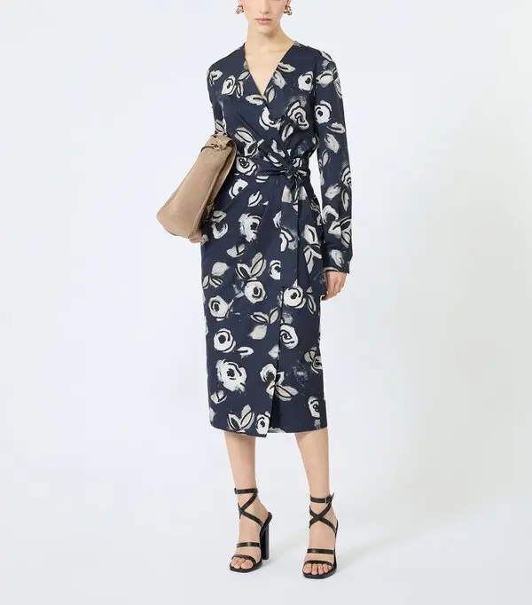 Max Mara Printed Cotton Midi Wrap Dress - Navy