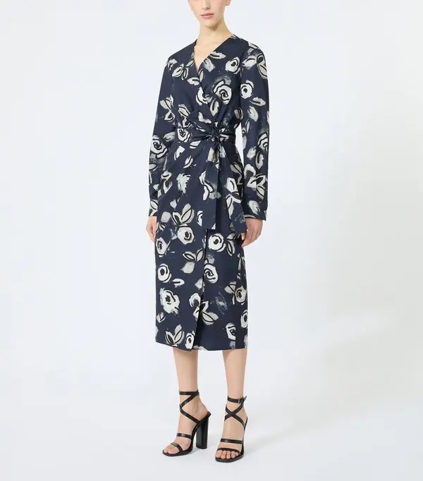 Max Mara Printed Cotton Midi Wrap Dress - Navy