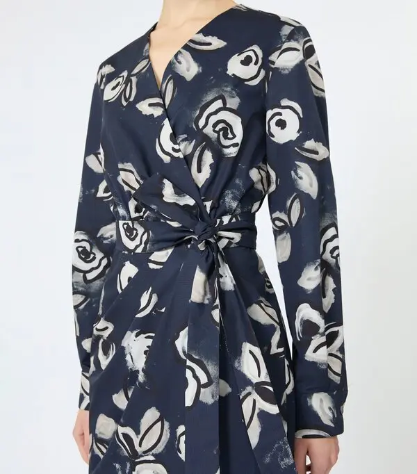 Max Mara Printed Cotton Midi Wrap Dress - Navy