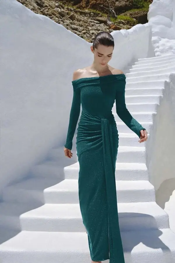 BAOBAB Reene Maxi Dress With Glossy Finish And Draped Detail - Hunter