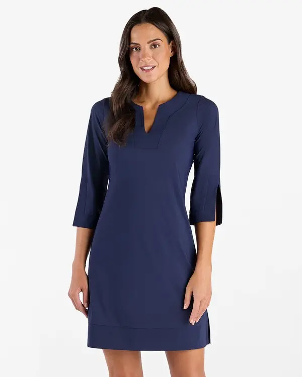 Jude Connally Navy V-neck 3/4 Sleeve A-line Dress With Sleeve And Hem Slits - Navy / Regular