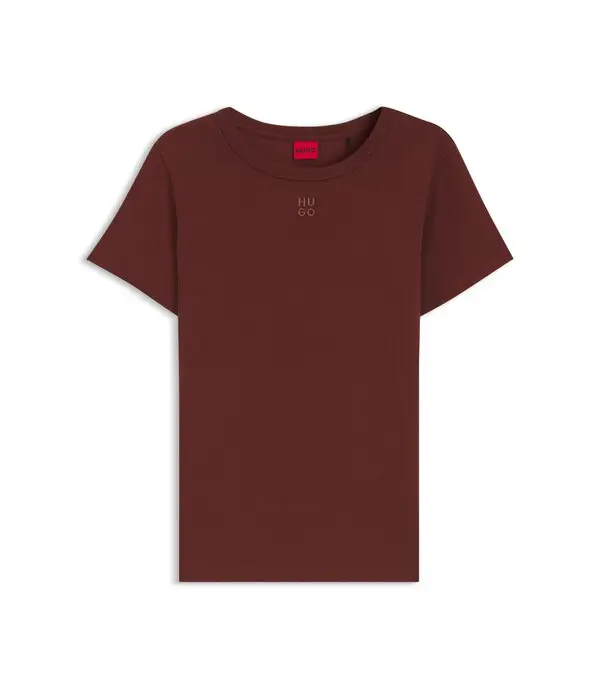Hugo Regular-fit T-shirt With Stacked-logo Embroidery - Brown
