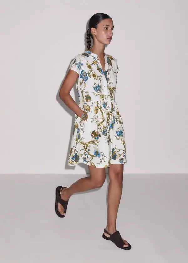 ME+EM Jacobean Garden Print Short Tiered Swing Dress - Light Cream Multi