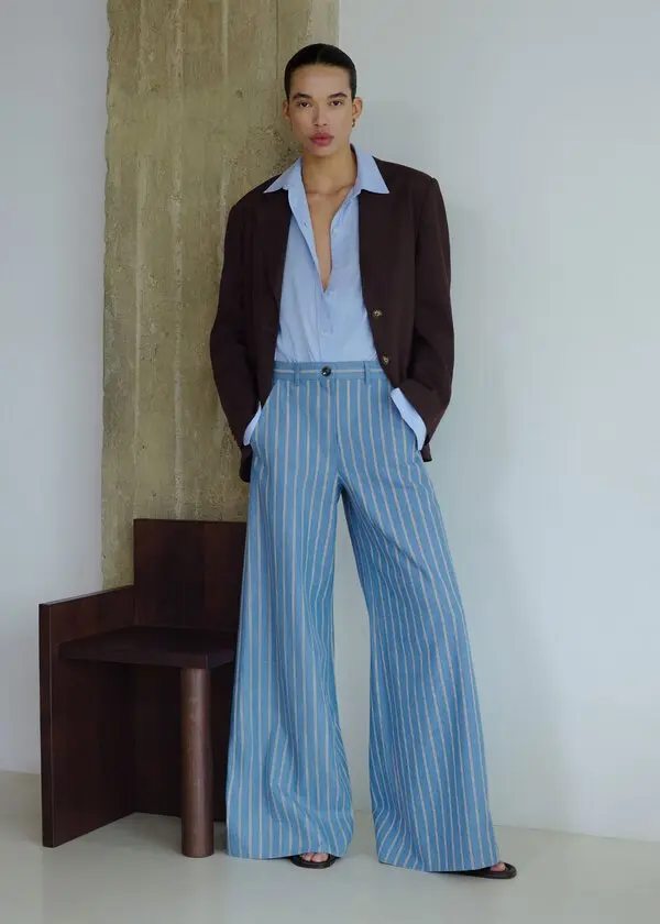 ME+EM Wide Leg Striped Trousers - Chambray Blue Multi