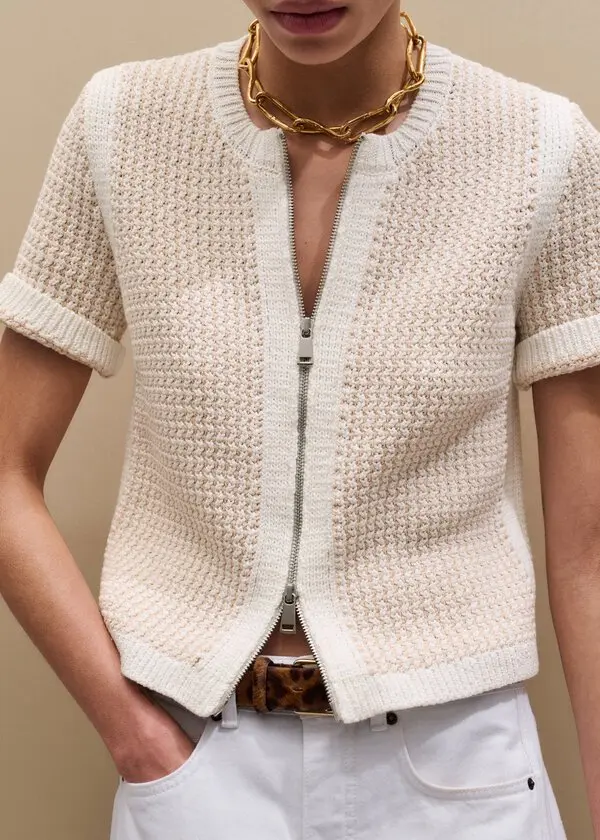 ME+EM Short Sleeve Zip Through Knit Tee - Light Stone