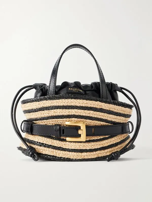Balmain Shuffle Mini Buckled Leather-trimmed Raffia Shoulder Bag - Black