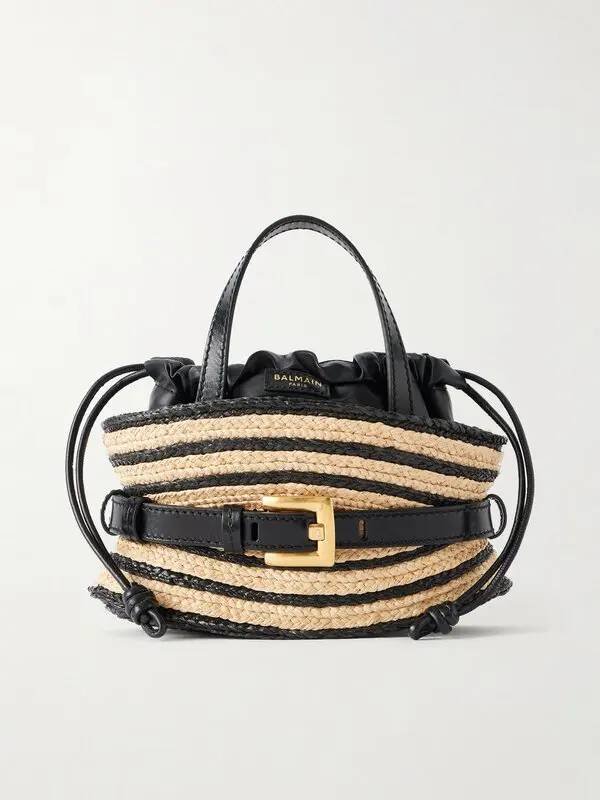 Balmain Mini Buckled Raffia Shoulder Bag - Black