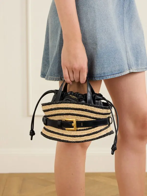 Balmain Mini Buckled Raffia Shoulder Bag - Black