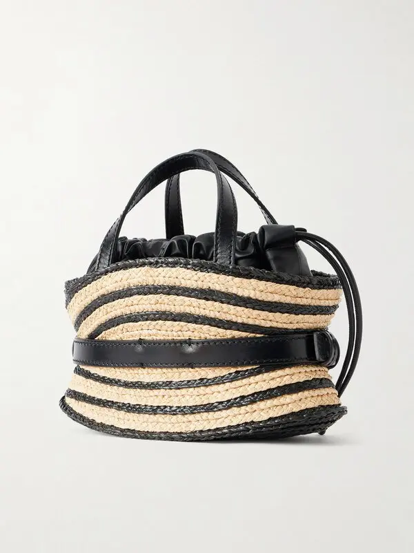 Balmain Mini Buckled Raffia Shoulder Bag - Black