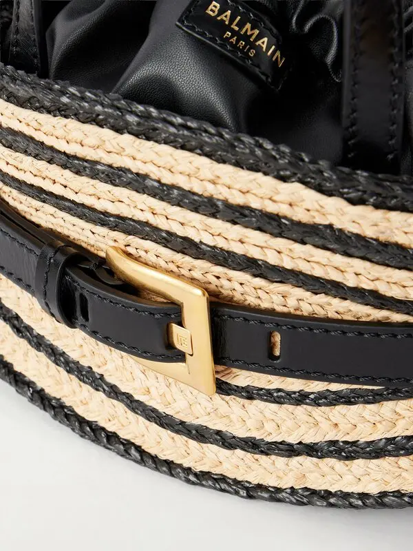 Balmain Mini Buckled Raffia Shoulder Bag - Black