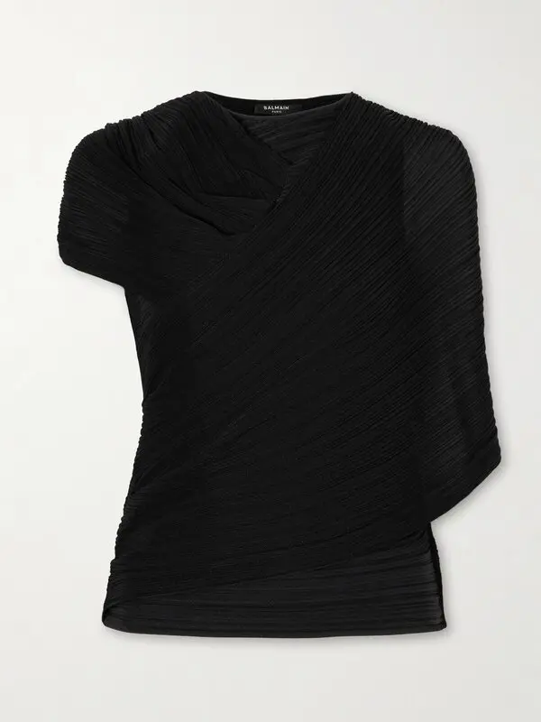 Balmain Draped Ribbed Jersey Blouse - Black