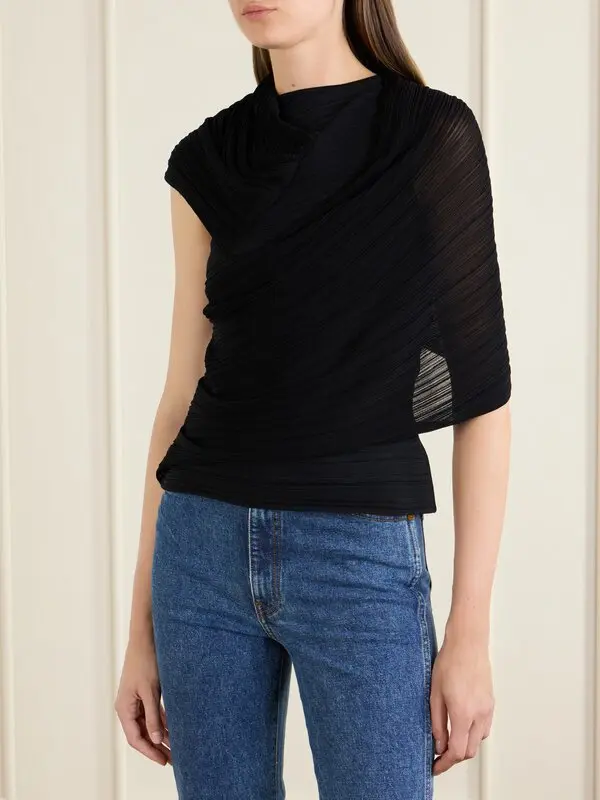 Balmain Draped Ribbed Jersey Blouse - Black