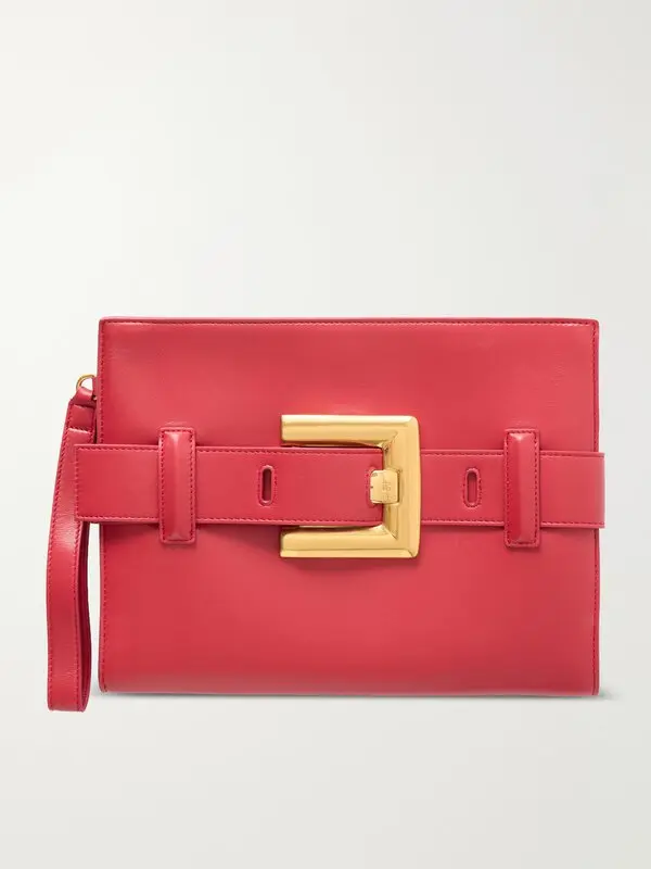 Balmain Anthem Buckled Leather Clutch - Red