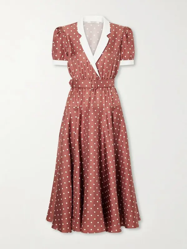 RODARTE Belted Pleated Polka-dot Crepe-trimmed Silk-twill Midi Dress - Brown