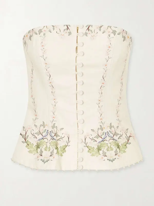 Agua Bendita Tota Anhelo Embellished Floral-printed Linen Corset Top - Cream