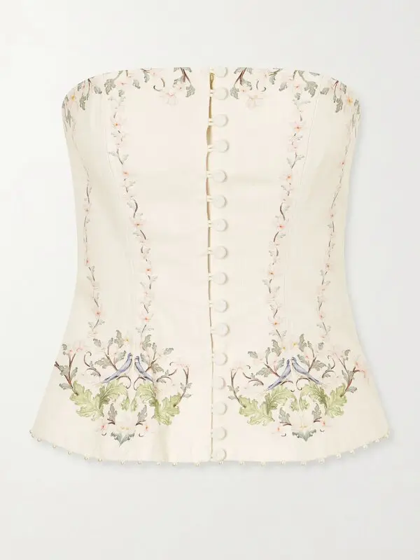 Agua Bendita Tota Anhelo Embellished Floral-printed Linen Corset Top - Neutrals
