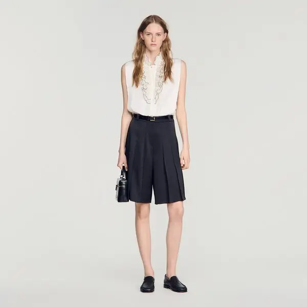 Sandro Long High-waisted Pleated Shorts - Black