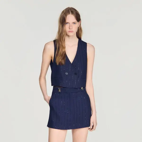 Sandro Cropped Sequined Striped Waistcoat Top