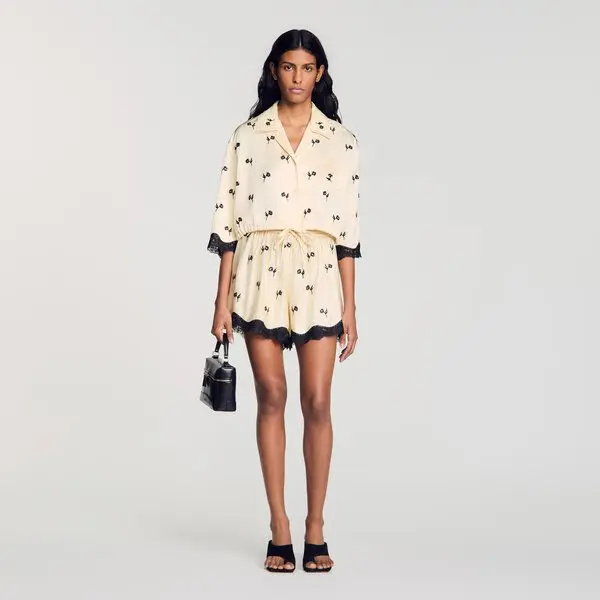 Sandro Cropped Floral Embroidered Shirt - Vanilla