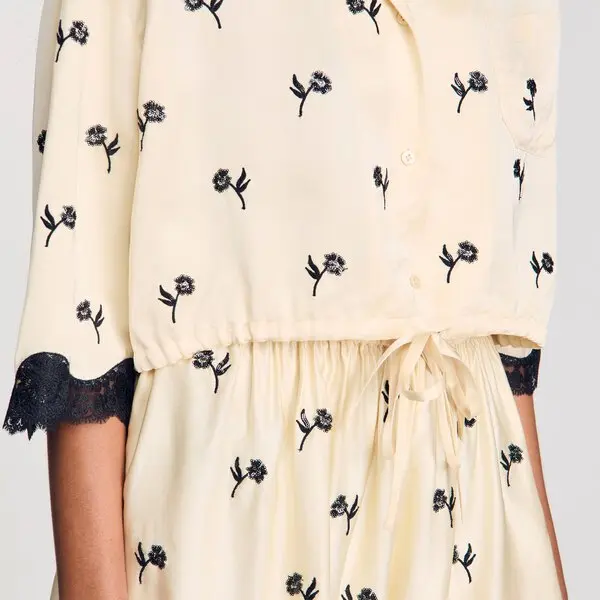 Sandro Cropped Floral Embroidered Shirt