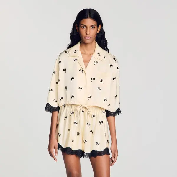 Sandro Cropped Floral Embroidered Shirt