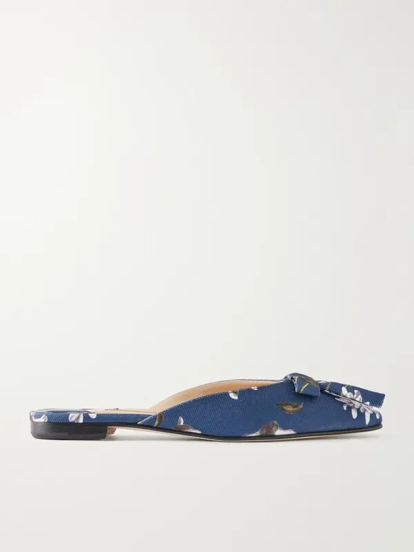 Manolo Blahnik Emilia Wickstead Bow-embellished Floral-print Grosgrain Flats - Blue
