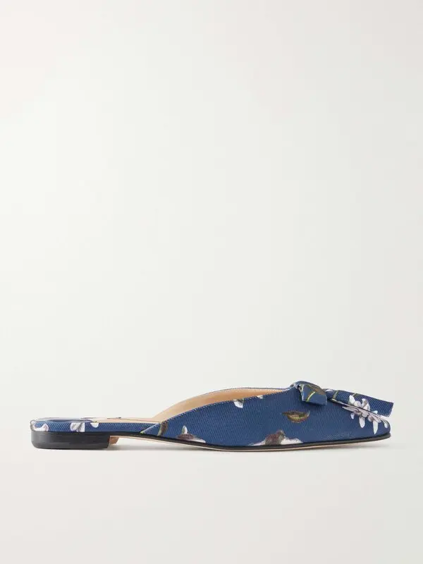 Manolo Blahnik Emilia Wickstead Bow-embellished Floral-print Grosgrain Flats - Navy