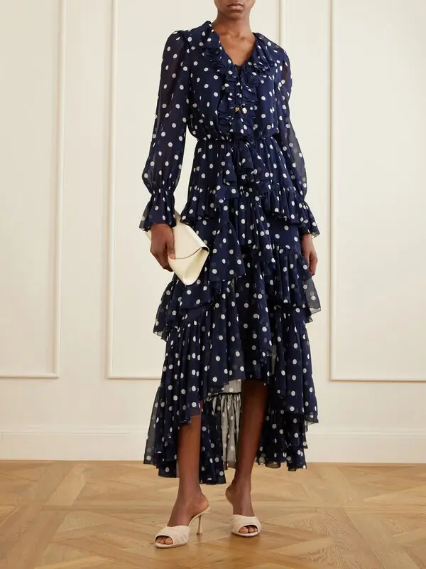 SELF-PORTRAIT Tiered Ruffled Polka Dot Georgette Midi Dress - Blue