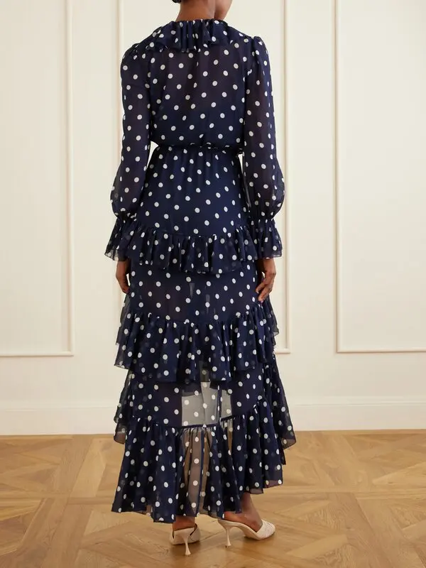 SELF-PORTRAIT Tiered Ruffled Polka Dot Georgette Midi Dress - Blue