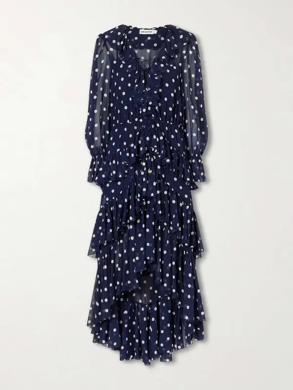 SELF-PORTRAIT Ruffled Tiered Polka-dot Georgette Midi Dress - Navy