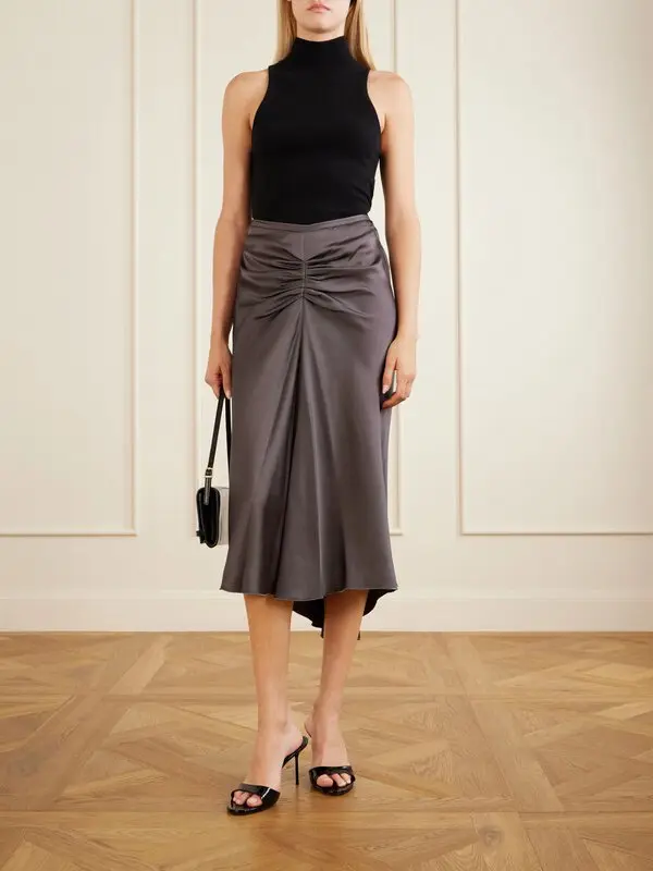 Victoria Beckham Ruched Satin Midi Skirt - Gray