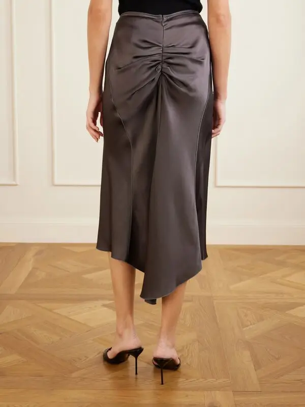 Victoria Beckham Ruched Satin Midi Skirt - Gray
