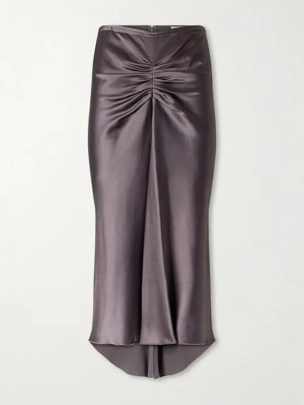 Victoria Beckham Ruched Satin Midi Skirt - Gray