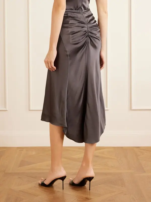Victoria Beckham Ruched Satin Midi Skirt - Gray