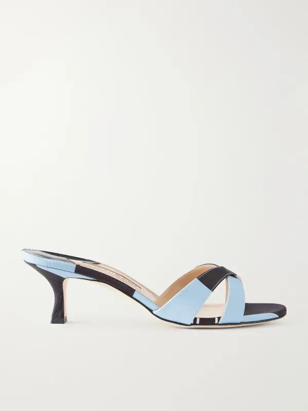 Manolo Blahnik X Emilia Wickstead Striped Grosgrain Mules - Blue