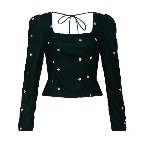 ROSE & NANCY Velvet Embroidered Long Sleeve Top - Green