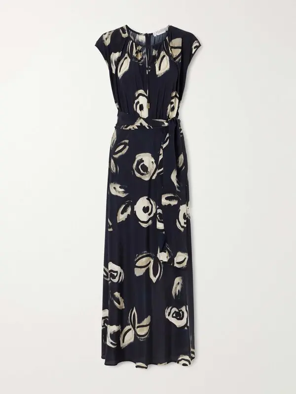 Max Mara Tie-detailed Silk-chiffon Maxi Dress - Navy