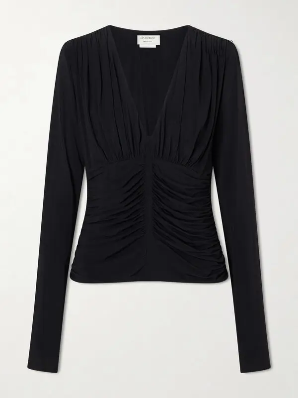 Sportmax Jersey Ruched Plunge Neck Blouse - Black