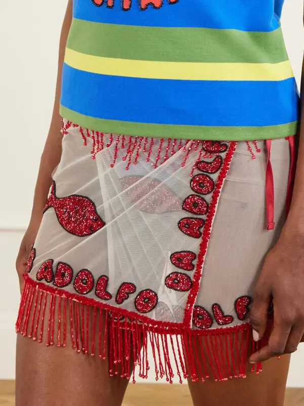 Staud Da Adolfo Riva Fringed Beaded Mesh Sarong - Red