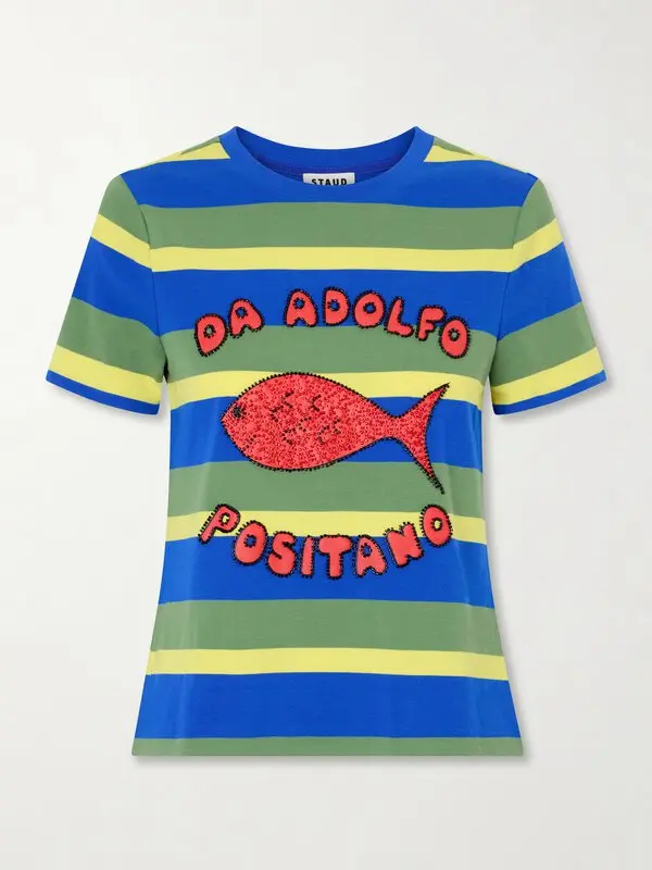 Staud Striped Printed Cotton-blend T-shirt - Blue