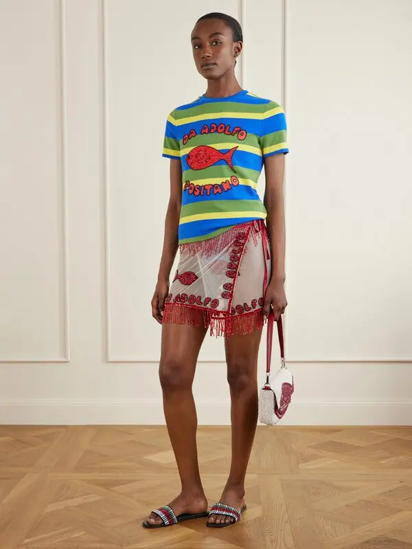 Staud X Da Adolfo Striped Cotton-blend T-shirt With Fish Emblem
