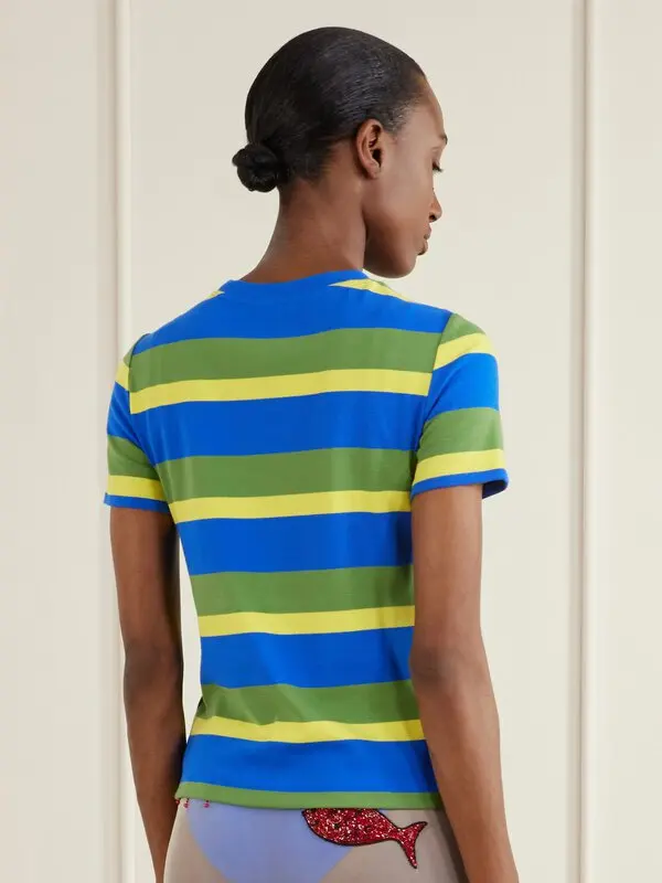 Staud X Da Adolfo Striped Cotton-blend T-shirt With Fish Emblem