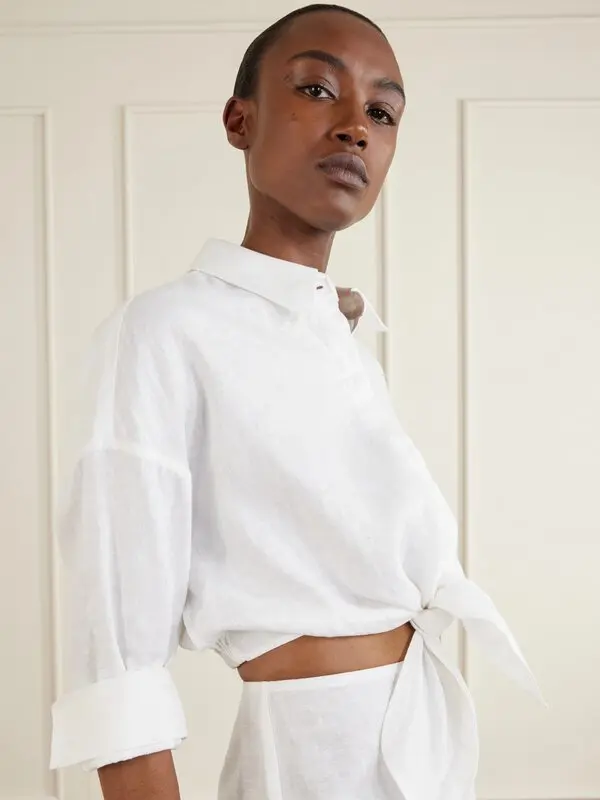 Staud Lisa Knotted Linen Shirt - White