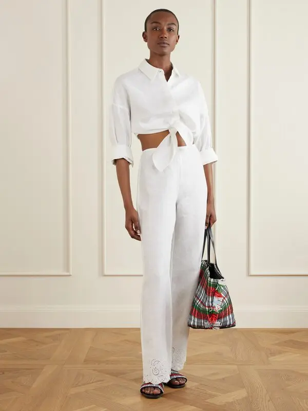 Staud Oscar Embroidered Linen Straight-leg Pants