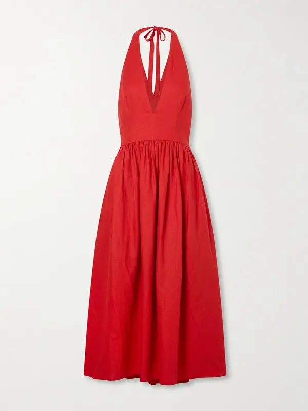 Staud Grazia Gathered Linen Midi Dress - Red